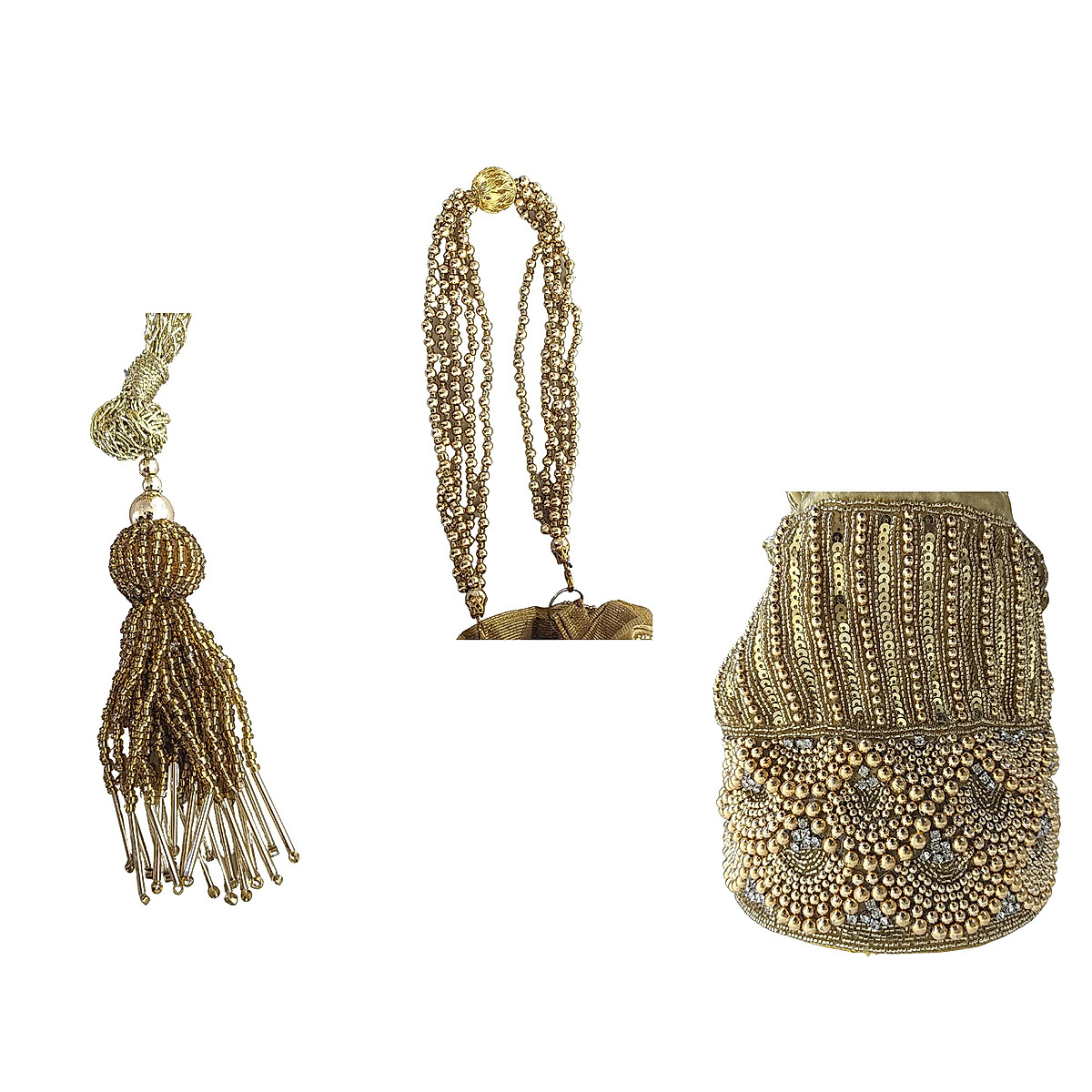 Women Handmade Beadwork Motif, Indian Potli Bag, Drawstring Bucket Bag, Bridal Evening Purse In Gold (Gold #1)