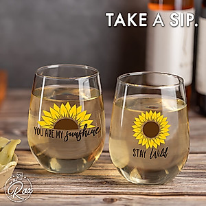 On The Rox Drinks Sunflower Wine Glasses Set of 2 - You Are My Sunshine - Sunflowers Gifts for Women and Kitchen Decor Accessories - Wine Tumbler Cup Glass Set - Sunflower Gift for House - 15 Oz