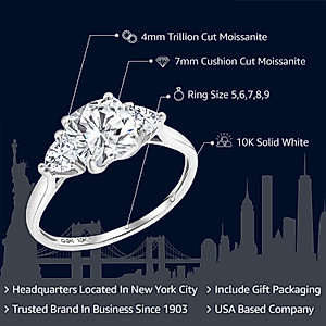 Gem Stone King 10K White Gold White Moissanite Engagement Ring | 2.16 Cttw | 7MM Cushion and 4MM Trillion | 3 Stone Wedding Engagement Anniversary Promise Ring For Women (Size 6)