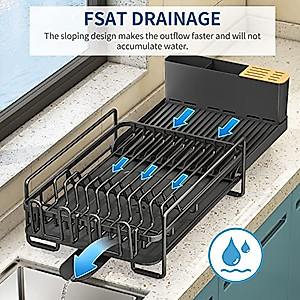 HERJOY Dish Drying Rack for Kitchen Counter, Large Dish Rack Expandable Black Drying Dish Drainers Rack, Anti-Rust Drying Rack with Drainboard and Cup Holders Rack Organizer