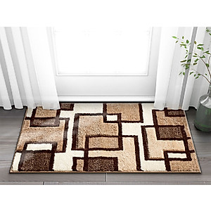 Well Woven Ruby Geometric 2x3 Mat Ivory & Beige Neutral Modern Contemporary Hand Carved Squares Design Perfect for Entryways & Small Spaces Plush Easy-Care Easy-to-Clean