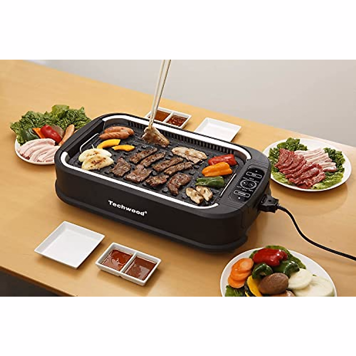 Indoor Grill, Techwood 1500W Smokeless Electric Grill with Non-Stick Grill Plates, Korean Grill with Temperature Control, Tempered Glass Lid, Dishwasher-Safe