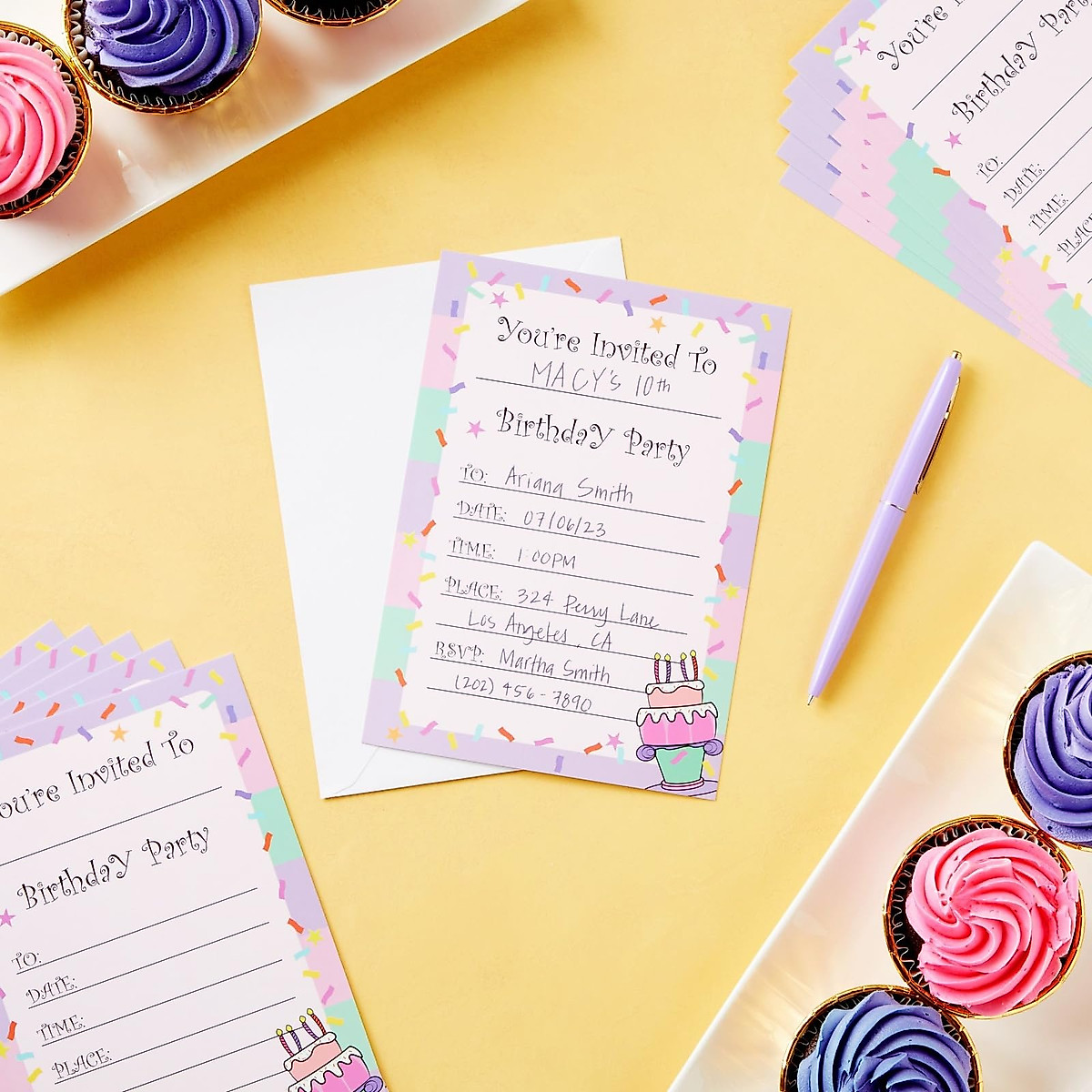 Juvale 24 Pack Birthday Invitations for Girls, Fill-In Invite Cards with Envelopes, Confetti Design (5x7 in)