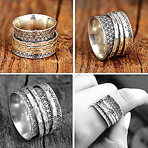 Boho-Magic 925 Sterling Silver Spinner Ring for Women Flower of Life Fidget Rings Band (8)