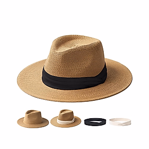 FURTALK Panama Hat Sun Hats for Women Men Wide Brim Fedora Straw Beach Hat UV UPF 50