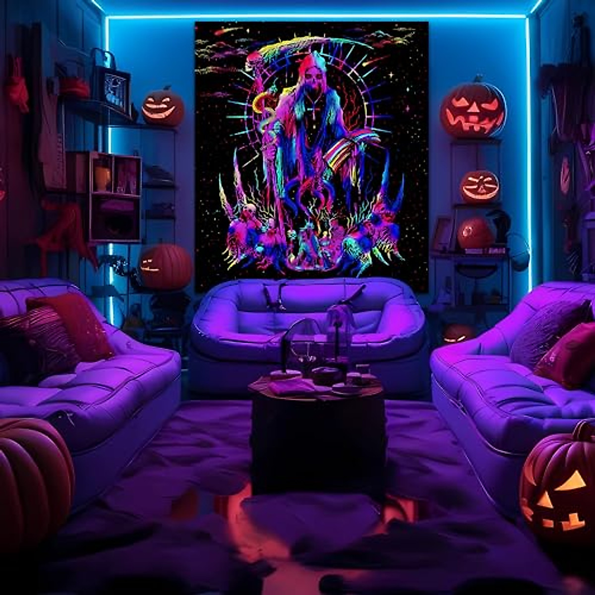 Blacklight Skull Tapestry for Bedroom, Hippie Grim Reaper and Skeleton Posters Wall Hanging for Men Room Decor, Large Black Light Cool Gothic Tapestries for Men Living Room Dorm Decor (60in x 79in)