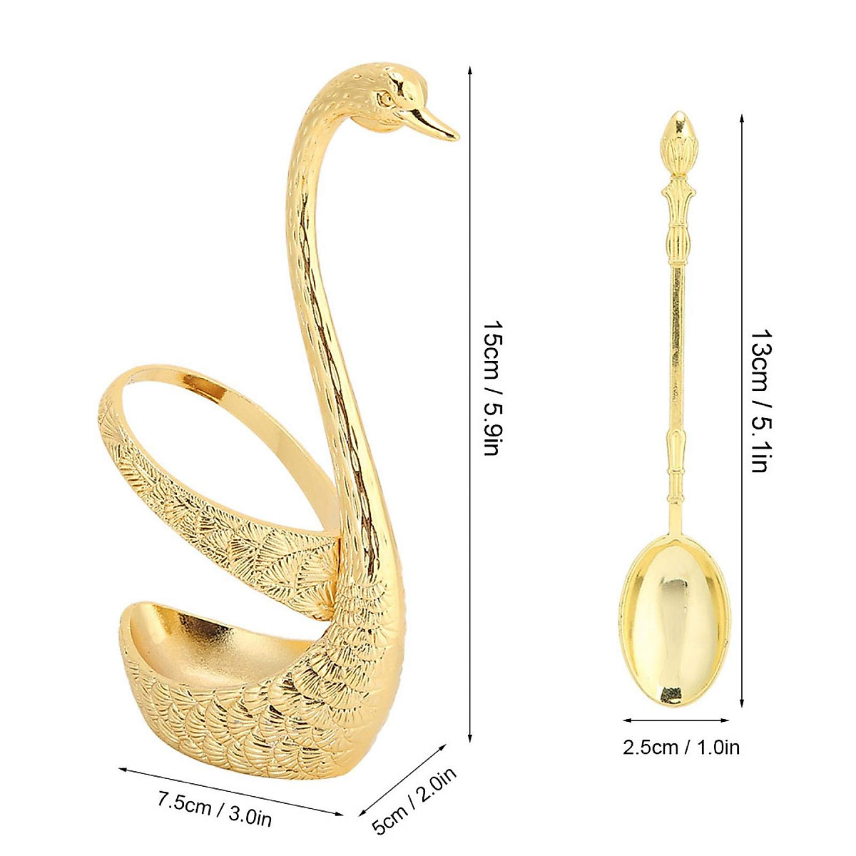 Oumefar Dessert Spoons, 10pcs Premium Food Grade Stainless Steel 4.7 Coffee Spoon with Decorative Swan Base Holder, Creative Gold Dessert Spoons and Swan Shape Holder,for Coffee Dessert Ice Cream Cake