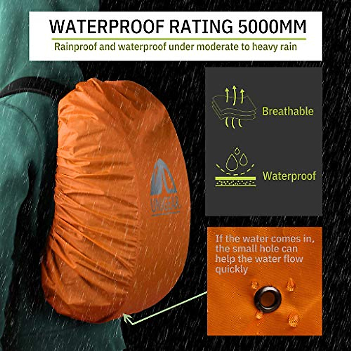 Unigear Backpack Rain Cover Waterproof Rating 5000mm, Ultraportable and Durable with 2 Anti-Slip Buckle Strap, Integrated Carry Pouch Design