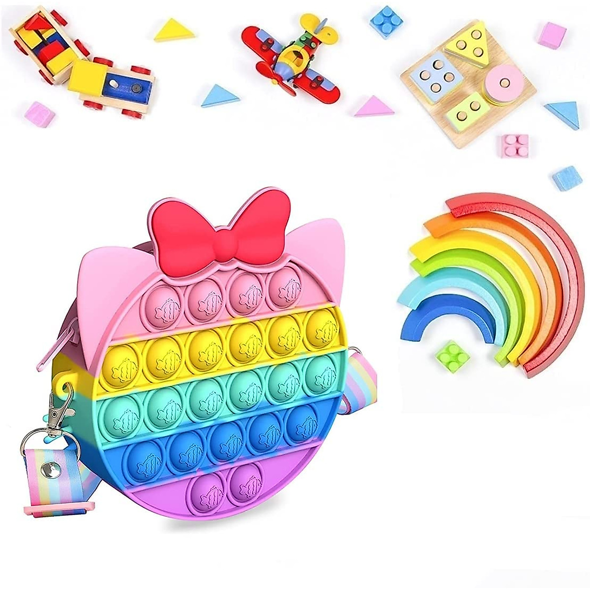 Pretty Cute Coin Purse Push Pop Bubble Purse Handbags, Fidget Toy Crossbody-Bag, Rainbow Silicone Sensory Toys Messenger Bag with Adjustable Shoulder Strap for Grils Kids and Aldults(Kitty cat)