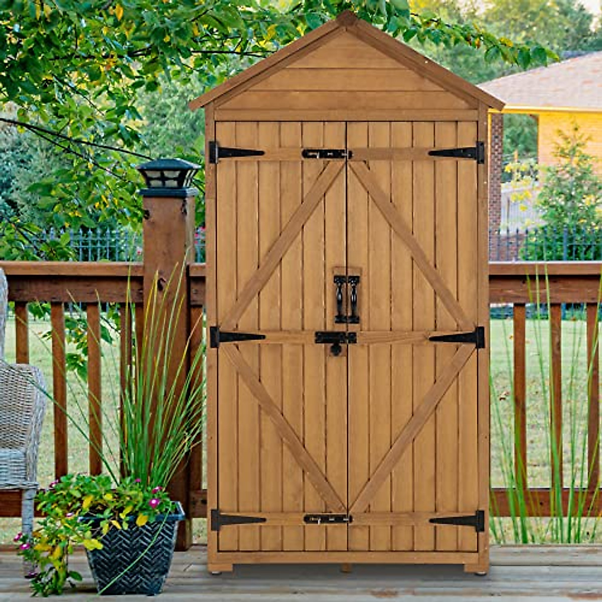 MCombo Outdoor Storage Cabinet, Garden Wood Tool Shed, Outside Wooden Shed Closet with Shelves and Latch for Yard, Patio, Deck and Porch 1000