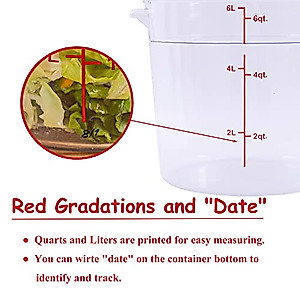 Casipan 6 QT. Clear Round Storage Box Container with Red Gradations Plastic Space Saving For Home or Commercial Kitchen use, Food Prep and Storage, 1 Piece (6QT)