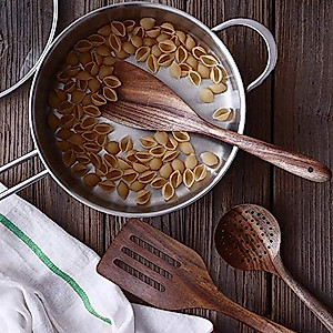 LMMDP Wooden Utensils Set of 6, Large Kitchen Cooking Utensil for Non Stick Cookware, Natural Teak Wood Spoons Spatula Ladle Colander