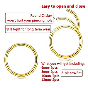8pcs Gold Nose Rings Hoops for Women 16G Septum Ring Small Clicker Hoop Jewelry Surgical Steel Cute Cartilage Piercings for Tragus Helix Conch Daith 6mm 8mm 10mm 12mm
