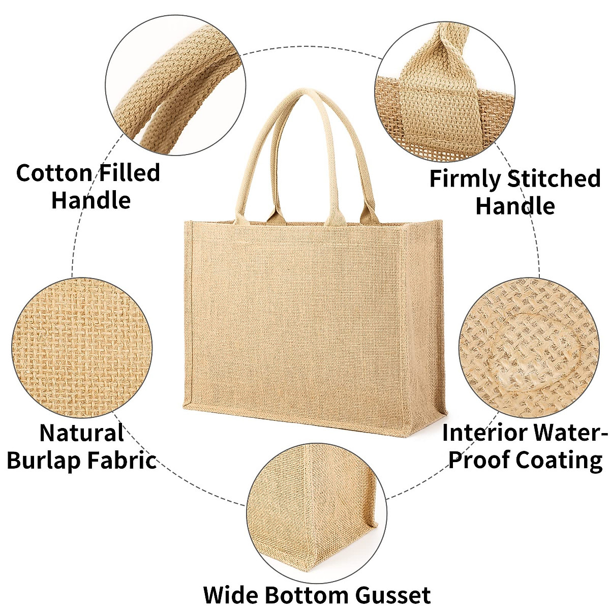 Offiper Burlap Bags with Handles, 6 Pack Large Jute Bags With Zipper Pocket, Grocery shopping Bag, Welcome Bag for Bridesmaid, Blank Tote for Beach Trip Bachelorette Party Wedding DIY Work Daily Use