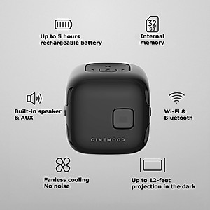 CINEMOOD 360 - Smart wi-fi Cube Projector with Streaming Services, 360° Videos, Games, Kids Entertainment. 120 inch Picture, 5-Hour Video Playtime. Neat Portable Projector for Family Entertainment.