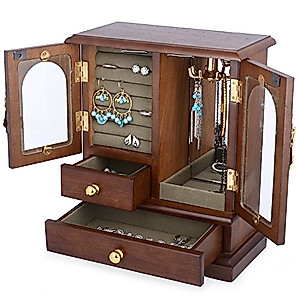 Kendal Wooden Jewelry Box for Women, Solid Jewelry Holder Organizer, Mothers Day Gifts, Wood Jewelry Case with Mirror for Necklaces, Earring, Rings (2 Side Door, Brown)