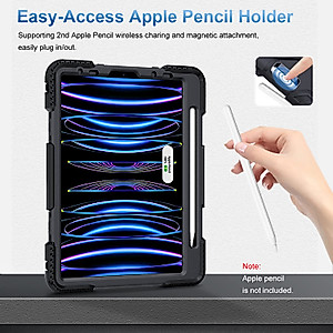 SUPFIVES 2022 iPad Pro 11 inch Case (4th Generation),Upgraded Military Grade Shockproof Silicone iPad Pro 11 4th/3rd/2nd Gen Cover Pencil Holder+ Handle+ Shoulder Strap+ Rotating Kickstand, Black