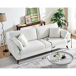 AMERLIFE Modern Sofa, 86 inch White Couch with 4 Throw Pillows, 3-Seater Sofa Couch for Living Room, Offwhite Boucle Upholstered Sofa