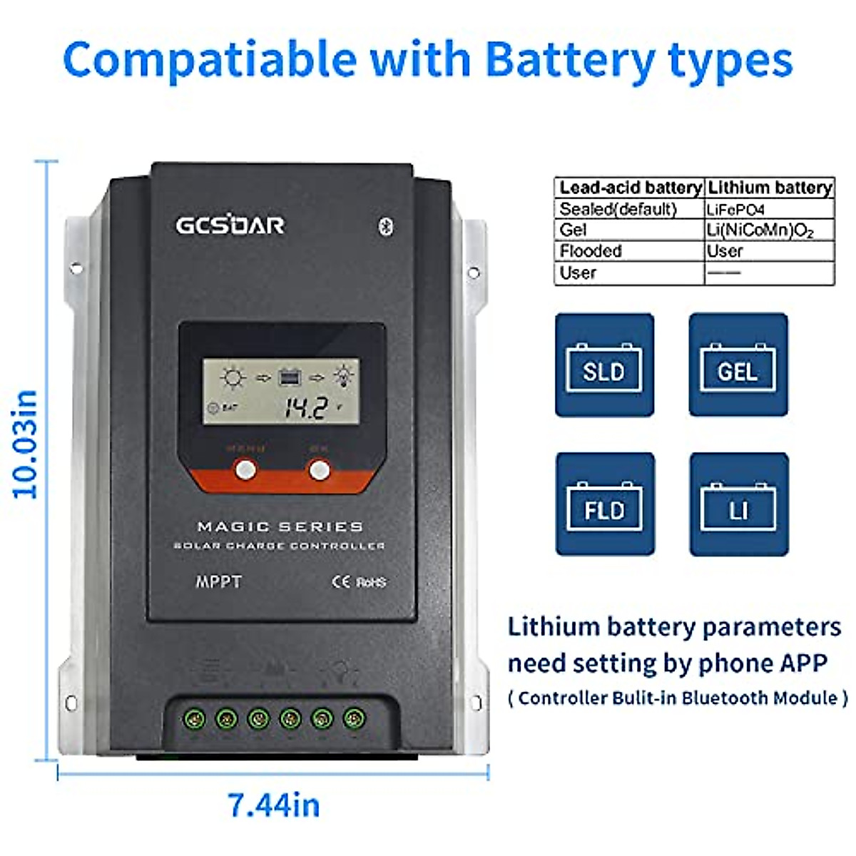 GCSOAR MPPT Charge Controller 40A 12V 24V Auto Max PV 100V LCD Display Built-in Bluetooth Programmable by APP Solar Panel Regulator Common Negative Ground (MPPT 40A + BLE)