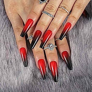 Uranian Coffin Press on Nails Long Black Fake Nails with Designs Ombre Glossy False Nails Full Cover French Tip Nails Halloween Acrylic Nails for Women and Girls (24pcs)