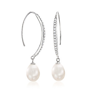 Ross-Simons 8x10mm Cultured Pearl and .38 ct. t.w. CZ Drop Earrings in Sterling Silver