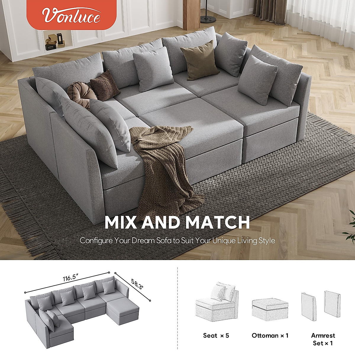VOLUNCE Modular Sectional Sofa, Sectional Sleeper Sofa Bed with Storage Ottoman Throw Pillow, 5 Seat Sofa Set with Reversible Chaise, Convertible L Shaped Couch Sofa for Living Room, Light Gray