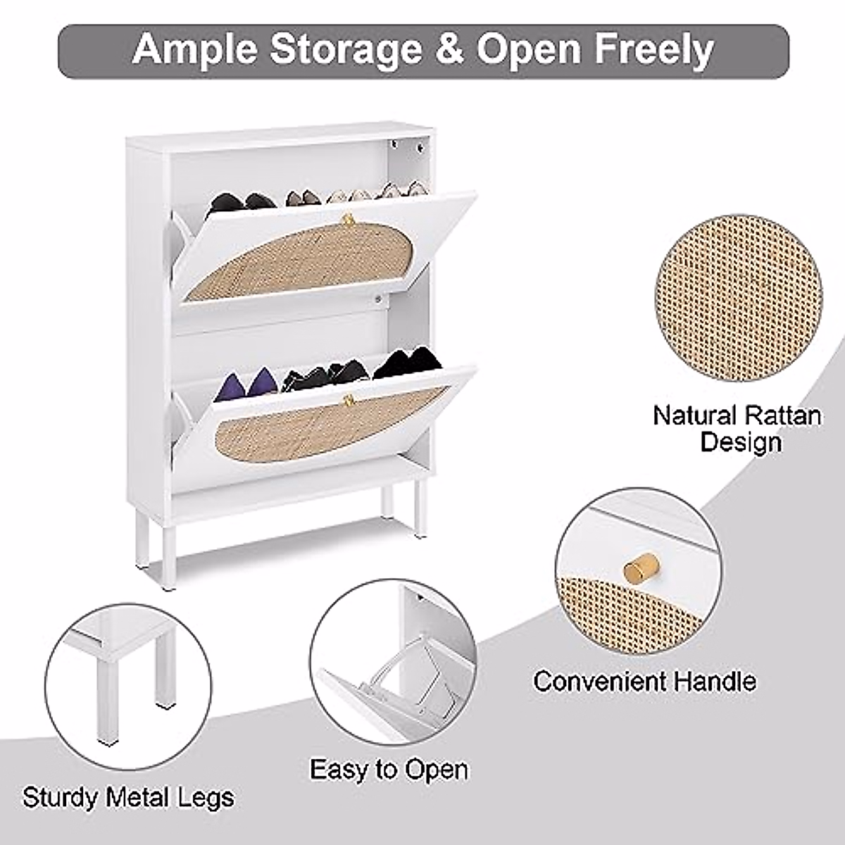 Goderfuu Rattan Shoe Cabinet with 2 Flip Drawers, Shoe Rack for Entryway Shoe Storage Cabinet, 2 Tier Small Shoe Cabinet Slim Shoe Storage Cabinet, White Shoe Cabinet for Heels, Boots, Slippers