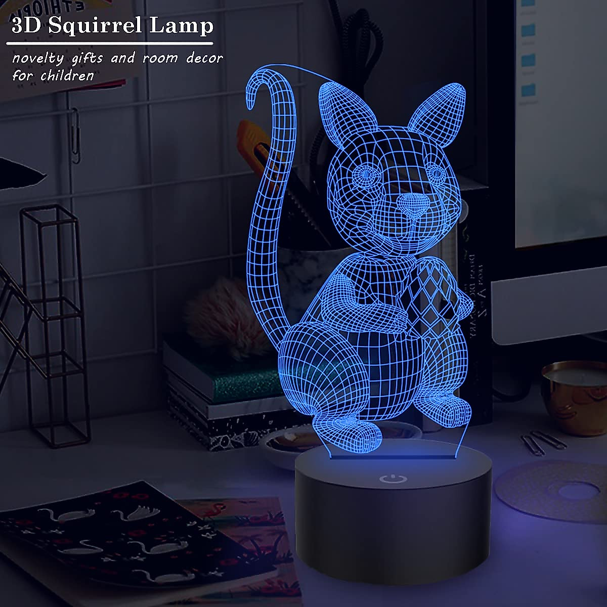 Squirrel 3D Illusion Lamp Touch Sensor LED Night Light 7 Color Changing Nightlight, Children Room Decor Lighting Fixture Toy Gifts for Boys Girls