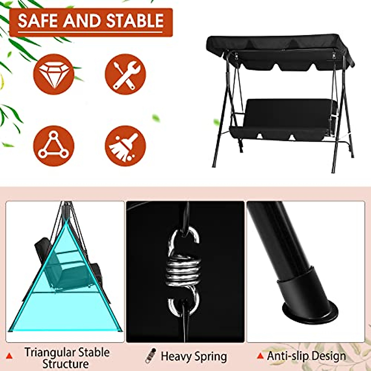 UPHYB Outdoor Patio Swing Chair, Porch Swing with Stand, Adjustable Canopy and Removable Cushions for Backyard, Garden, Poolside, Balcony