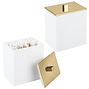 mDesign Plastic Rectangle Apothecary Canister - Organizer for Bathroom Vanity Countertop Shelf Decor - Holds Cotton Swabs, Soap, Makeup, Bath Salts - Lumiere Collection - 2 Pack - White/Soft Brass