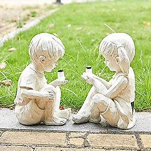Large Garden Children Statues Light Up Firefly Jar Solar Powered | Set of 2 Figurines | Girl & Boy Garden Yard Art Décor, Indoor & Outdoor Ornament Gifts for Lawn, Patio, 7.5" W x11.8”H Cream…