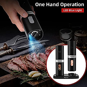 Pourcare Electric Salt and Pepper Grinder Mill Set,Adjustable Coarseness One-hand Automatic Operation,Charging Base Rechargeable Battery Powered with LED Light,Stainless Steel Black 2 Pack