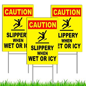 3 PC Caution Slippery When Wet Sign - 8 x 12 Double Sided Coroplast Wet Floor Signs - Watch Your Step Sign - Wet Floor Signs Commercial