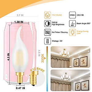 CRLight 2W LED Candelabra Bulb 3000K Soft White 25W Equivalent 250 LM, E12 Dimmable LED Chandelier Bulbs, Antique C35 Frosted Candle Flame Shape Bent Tip, 6 Pack