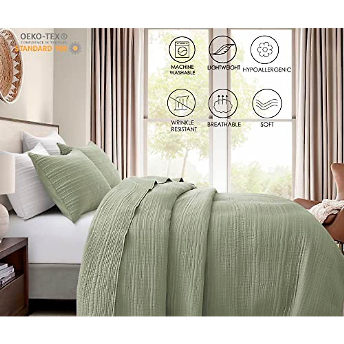 MOONLINE Quilt Set Full/Queen Size Olive Green 3 Piece,Lightweight Soft Microfibre Modern Stripe Pattern Reversible Quilted Bedspread&Coverlet Set for All Season (Includes 1 Quilt and 2 Pillow Shams)