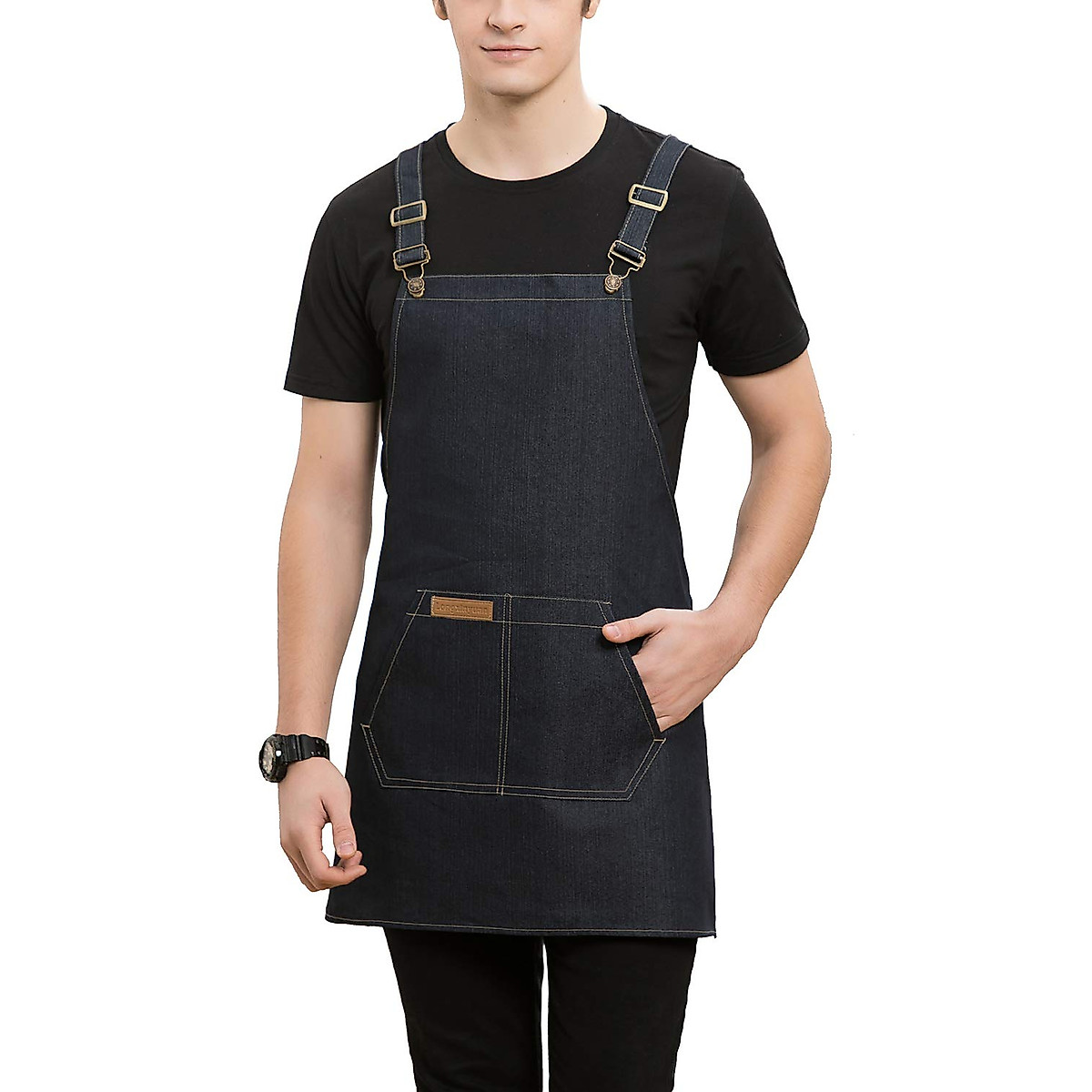 Denim Cross-Back Chef Bib Apron with Pockets for Men and Women (Black)