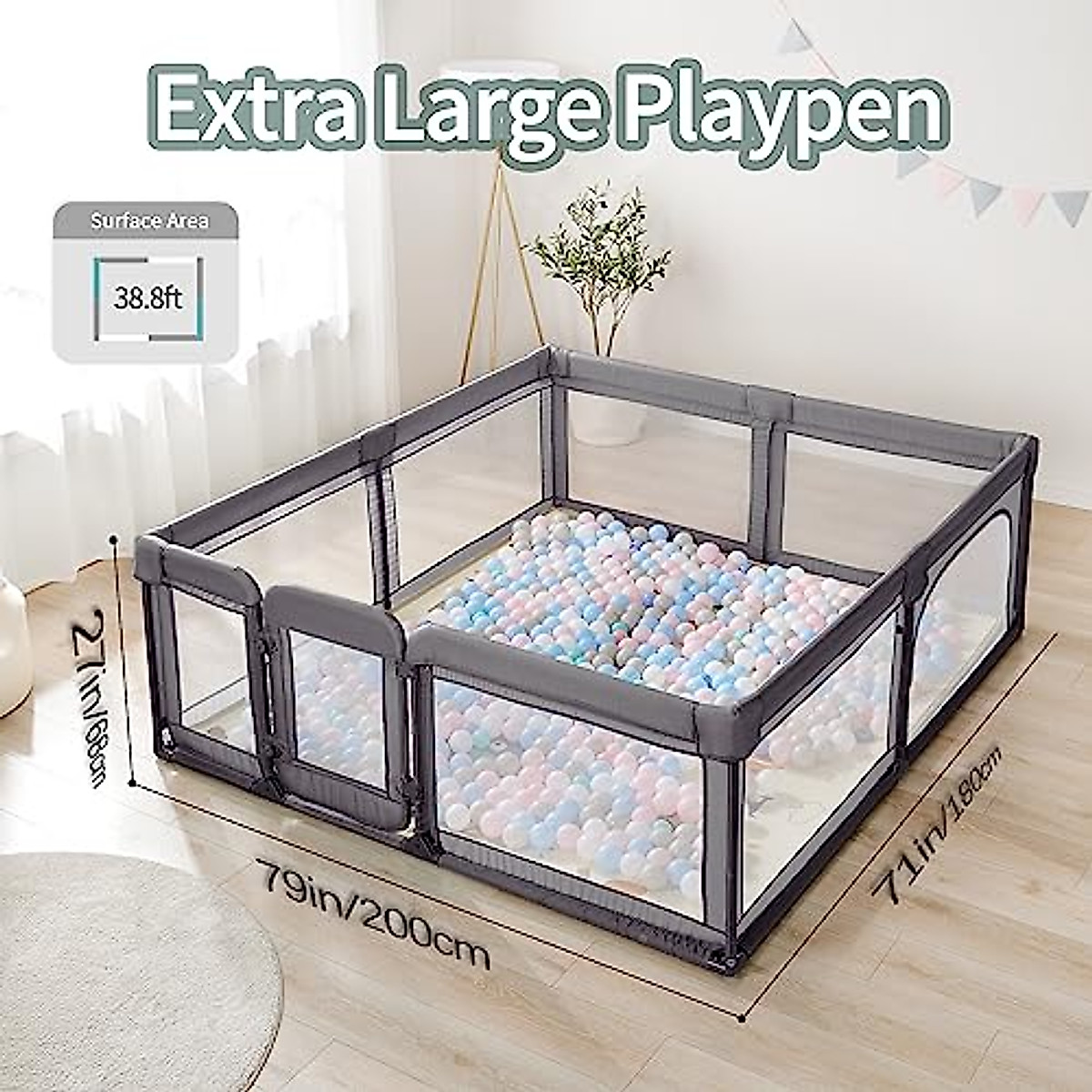 Sweeby Baby Playpen, 79x71 Playpens for Babies and Toddlers with Gate, Large Baby Play Yards with Zipper Door, Indoor & Outdoor Baby Fence, Dark Grey