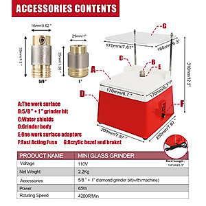 Podoy Stained Grinders Glass, Mini Power Industrial Glass Ceramics Grinding Tool with 5/8" + 1" Diamond Grinder Bit + Acrylic Bezel (110 V, Red)