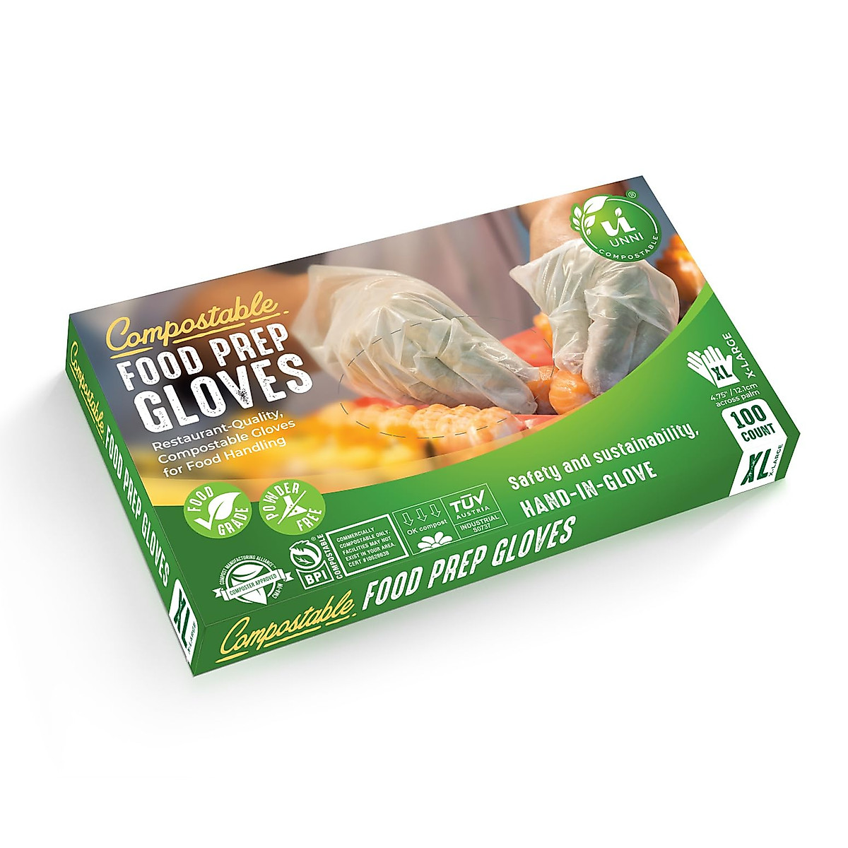 UNNI Compostable Food Prep Gloves, X-Large, 100 Count, Powder-Free, For Food Handling & Cleaning, ASTM D6400, BPI Certified