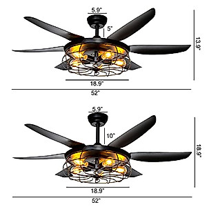 Ohniyou Ceiling Fans with Lights and Remote - 52 Inch Farmhouse Ceiling Fan with Caged Light Fixture - Black Industrial Outdoor Ceiling Fan Lights for Patio, Living Room, Kitchen & Bedroom