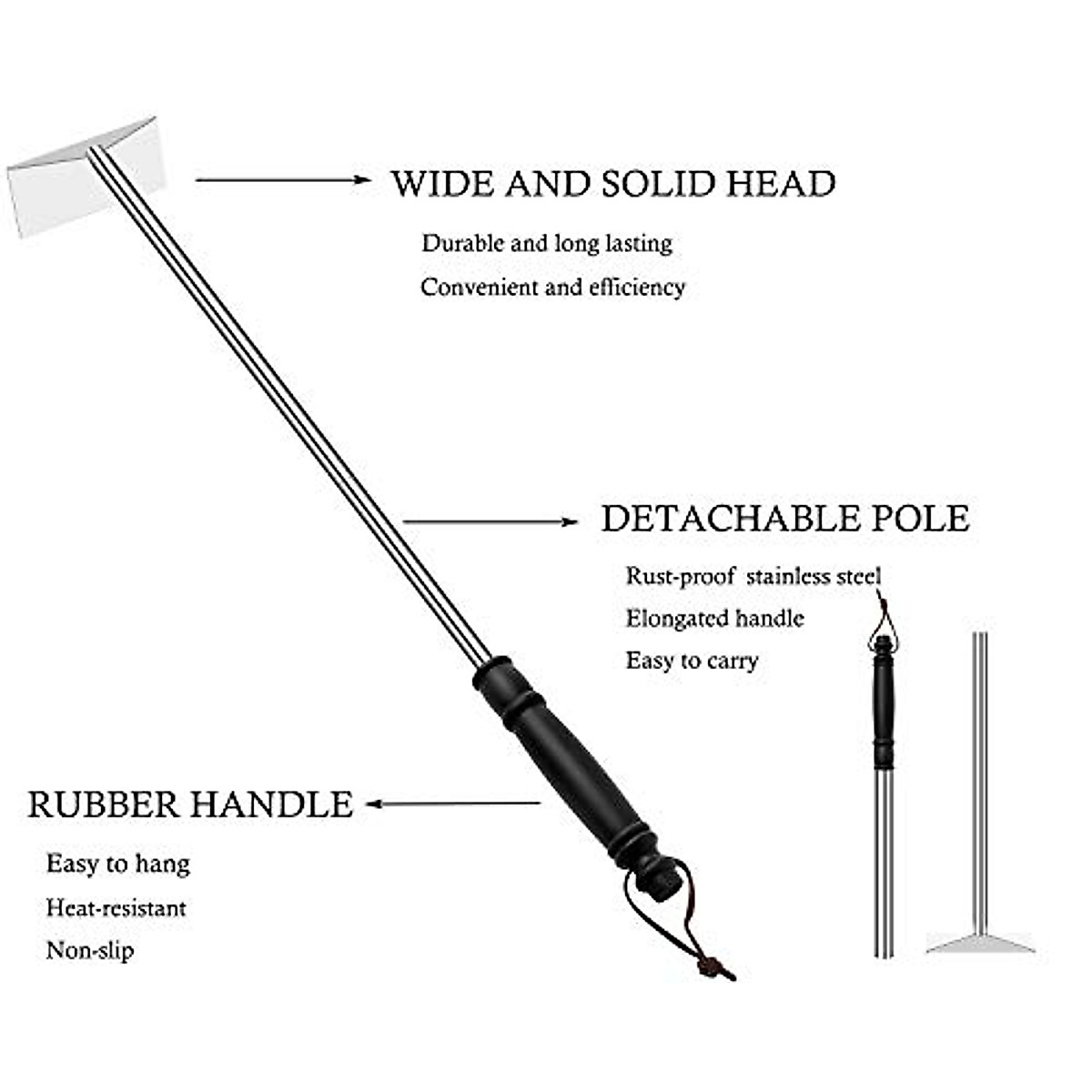 POLIGO Charcoal Grill Ash Rake Hoe for Fireplace Wood Stove Pizza Oven, Stainless Steel BBQ Cleaner Poker Scraper, Elongated Cleaning Tool Accessories for Smoker, Ceramic, Kamado, Vision Grills