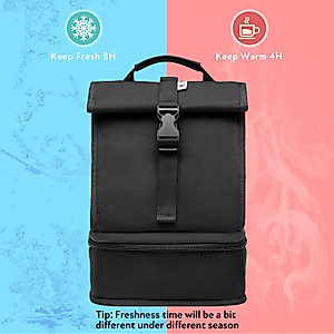 SUNNY BIRD Small Insulated Rolltop Lunch Box Women, Expandable Bento Cooler Bag Reusable for Adult Men (Black, Medium)
