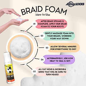 AllDay Locks Braid Foam | Long Lasting Mousse for Style & Shine | No Frizz or Fraying | Moisturizes & Seals Braids, Locks, Twists, Cornrows | 8 oz