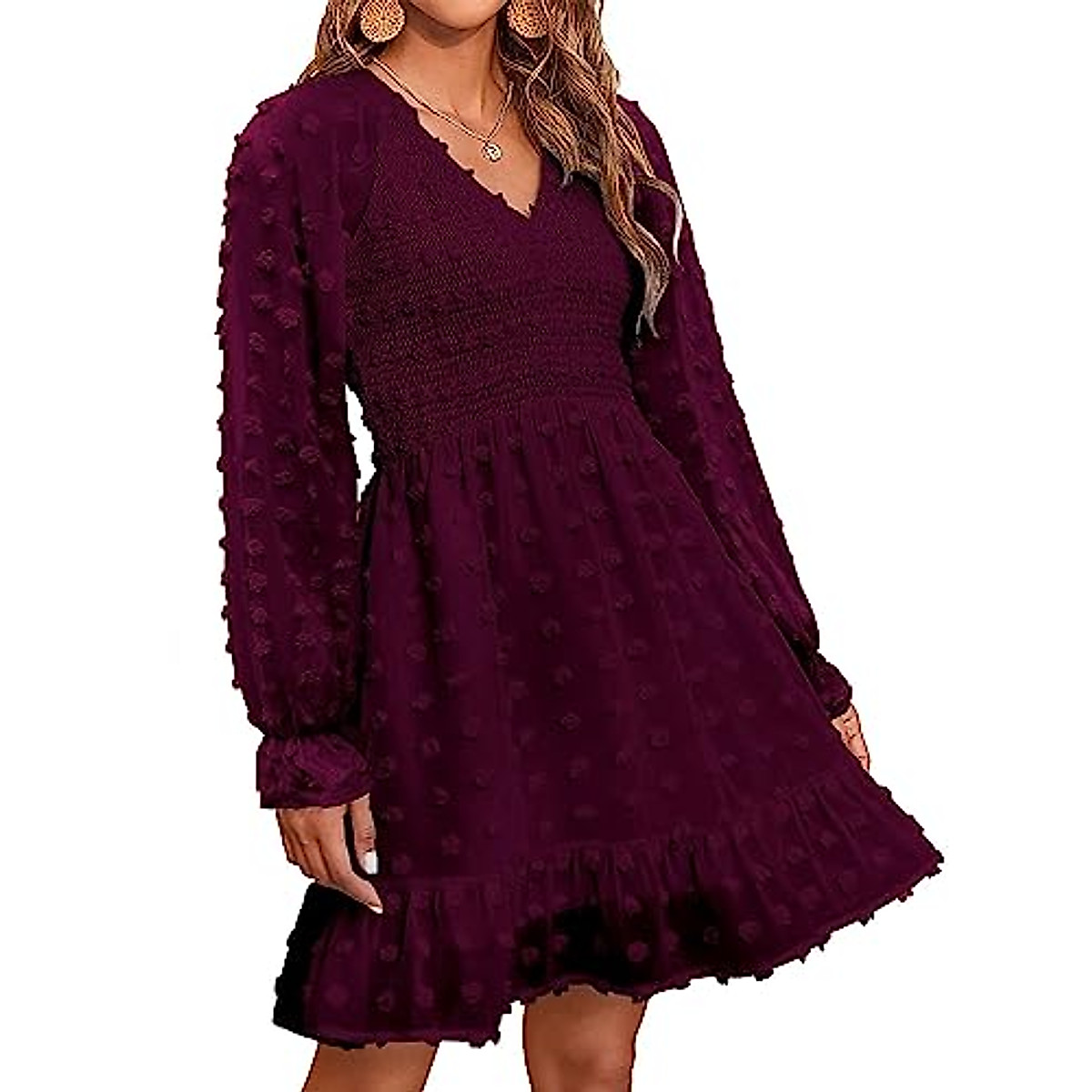 BTFBM Women Long Sleeve V Neck Smocked Short Dress Flowy Casual SwissDot Ruffle Mini Babydoll Summer Fall Dresses 2023(Solid Wine Red, Large)