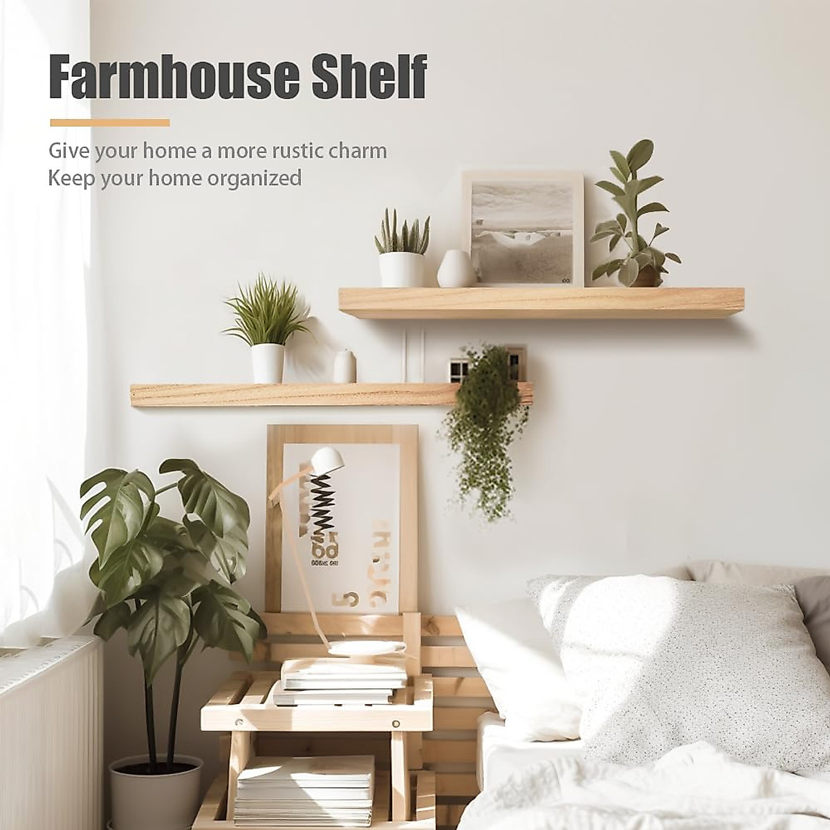 Habudda Floating Shelves, Wood Wall Shelf, Natural Wooden Home Decor for Bathroom Kitchen Bedroom, Hanging Mounted Invisible Bracket, Extra Long 35.5 Inch, Set of 2