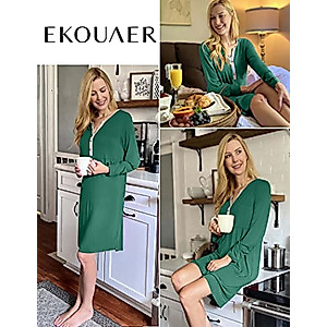 Ekouaer Women's Nightshirt Long Sleeve Button Down Nightgown V-Neck Sleepwear Pajama Dress Green