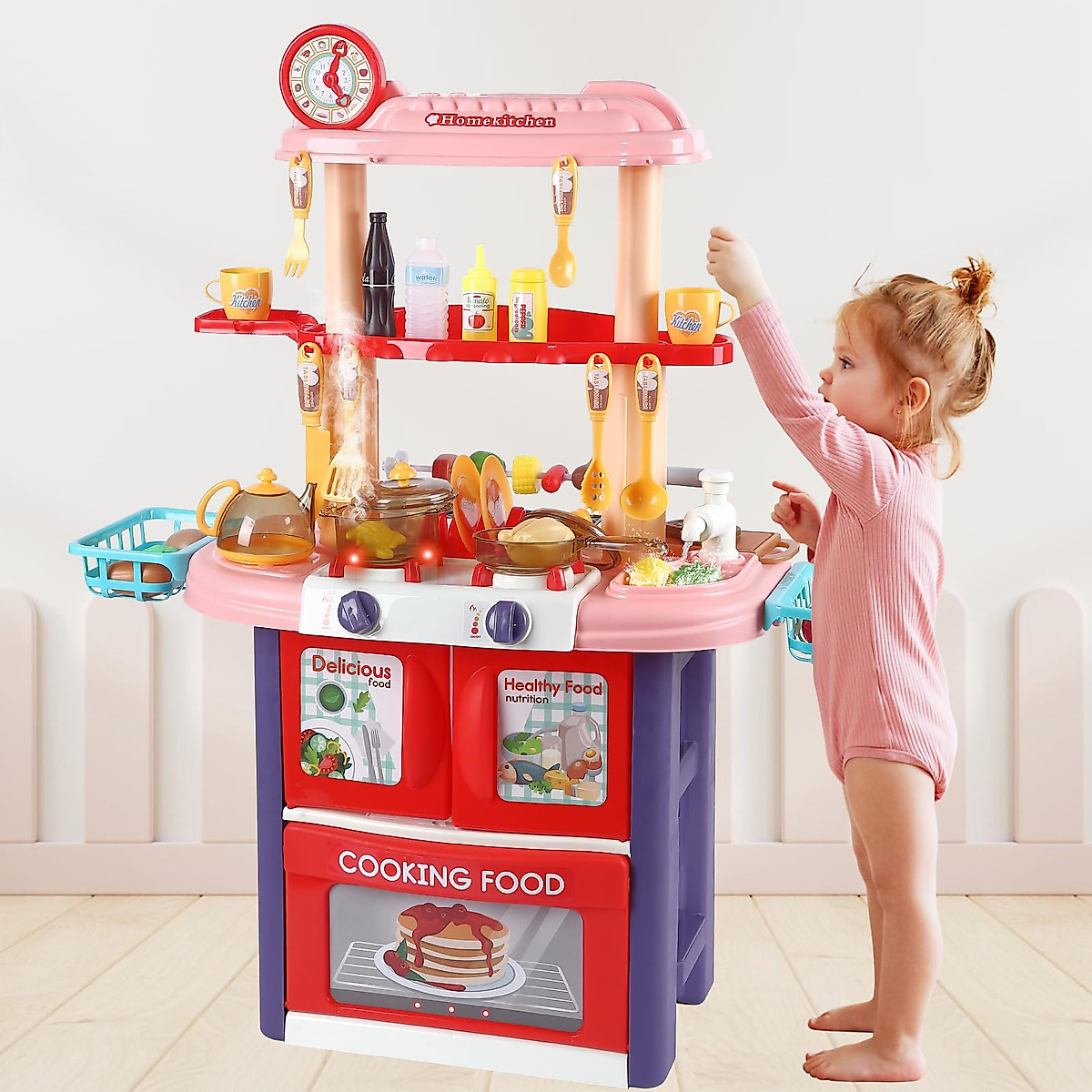 2 in 1 Kids Kitchen Playset & BBQ Grill Set, Toddler Play Kitchen with Realistic Light Sound Steam & Play Sink