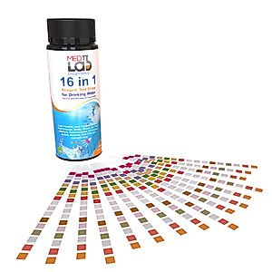 16 in 1 Drinking Water Test Kit Strips, 100 cnt. Home Water Quality Test for Tap Water, Pool, Spa. Strips for Water Hardness, Total Chlorine, Mercury, Lead, Aluminum, Fluoride, Iron, pH and More