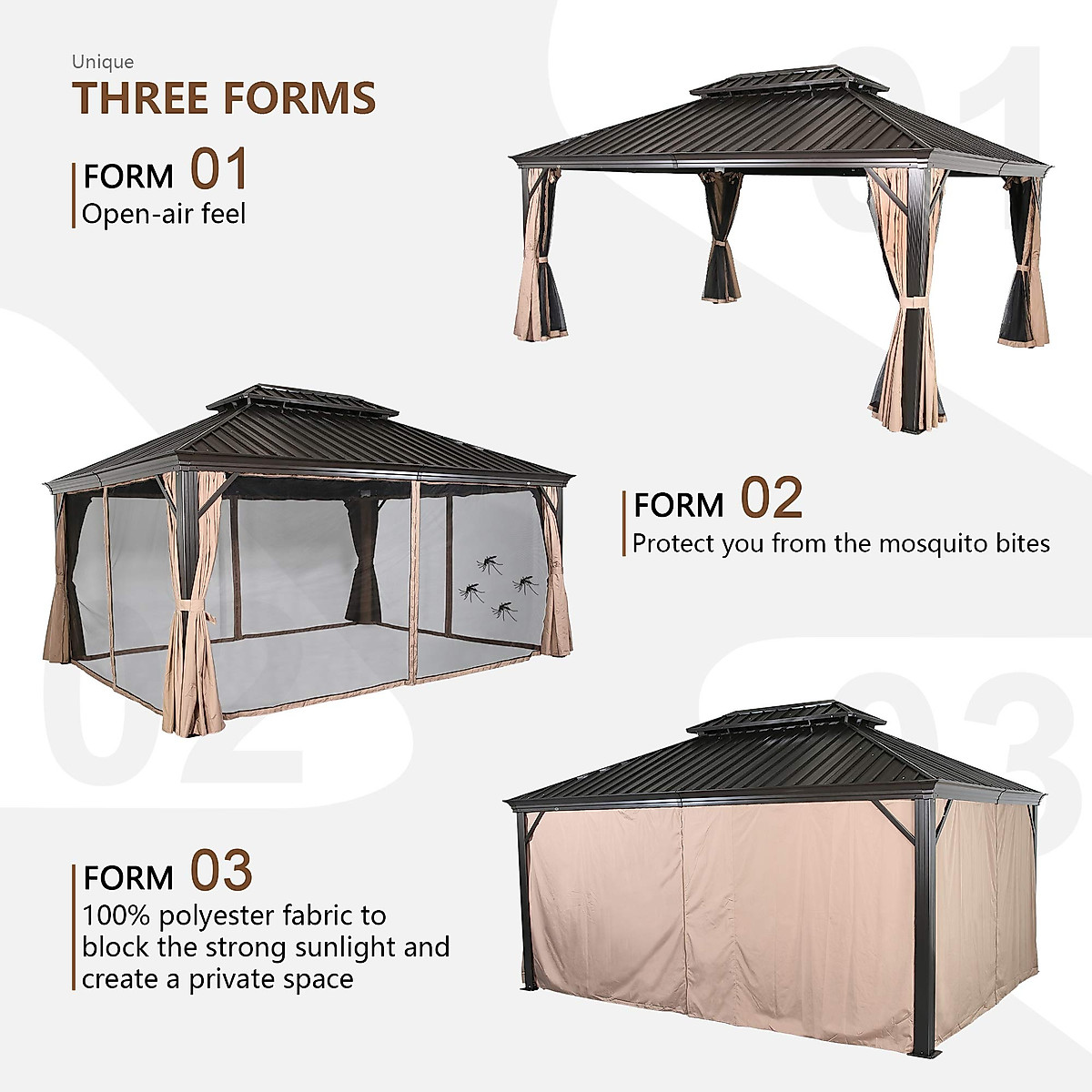 Iwicker 12' x 16' Hardtop Permanent Aluminum Gazebo with Mosquito Netting and Polyester Curtain