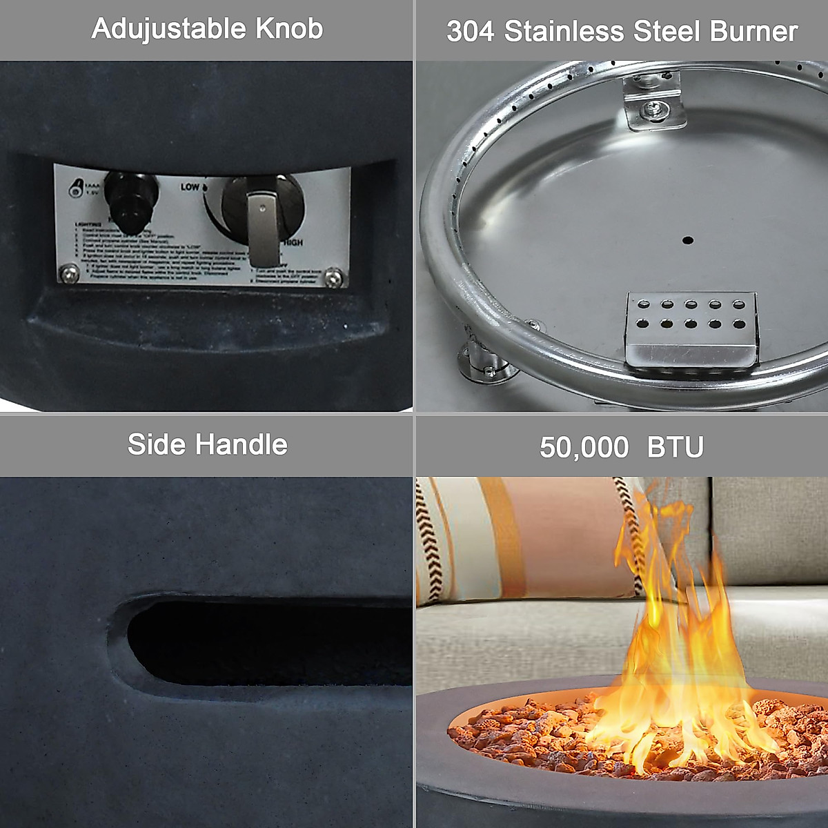 Kante 25 Inch Propane Fire Table, 50,000 BTU Large Concrete Fire Pit Table for Outdoor Garden Patio, Smokeless Gas Fire Pit with Waterproof Cover, Side Handles, Charcoal